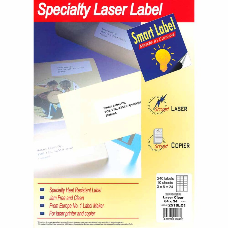 Smart label(A4)全透明鐳射打印標籤-10張_A4電腦貼紙_G-報事貼及標籤貼紙_歷山文儀中心
