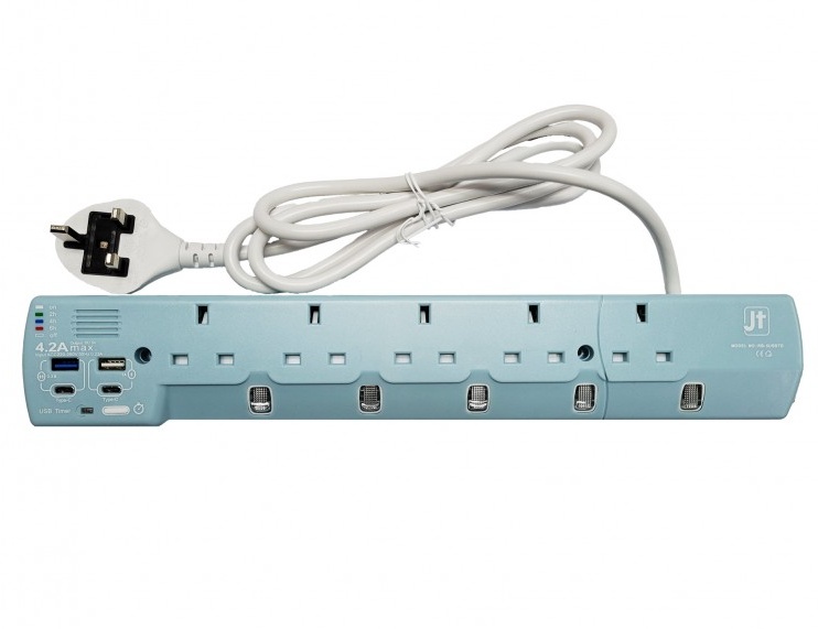 JT RB-5USB 5位獨立開關排蘇6呎線(孔雀藍)+(USB-A x 2+Type -Cx2+Timer)_拖板/拖轆及插蘇/轉插_P ...